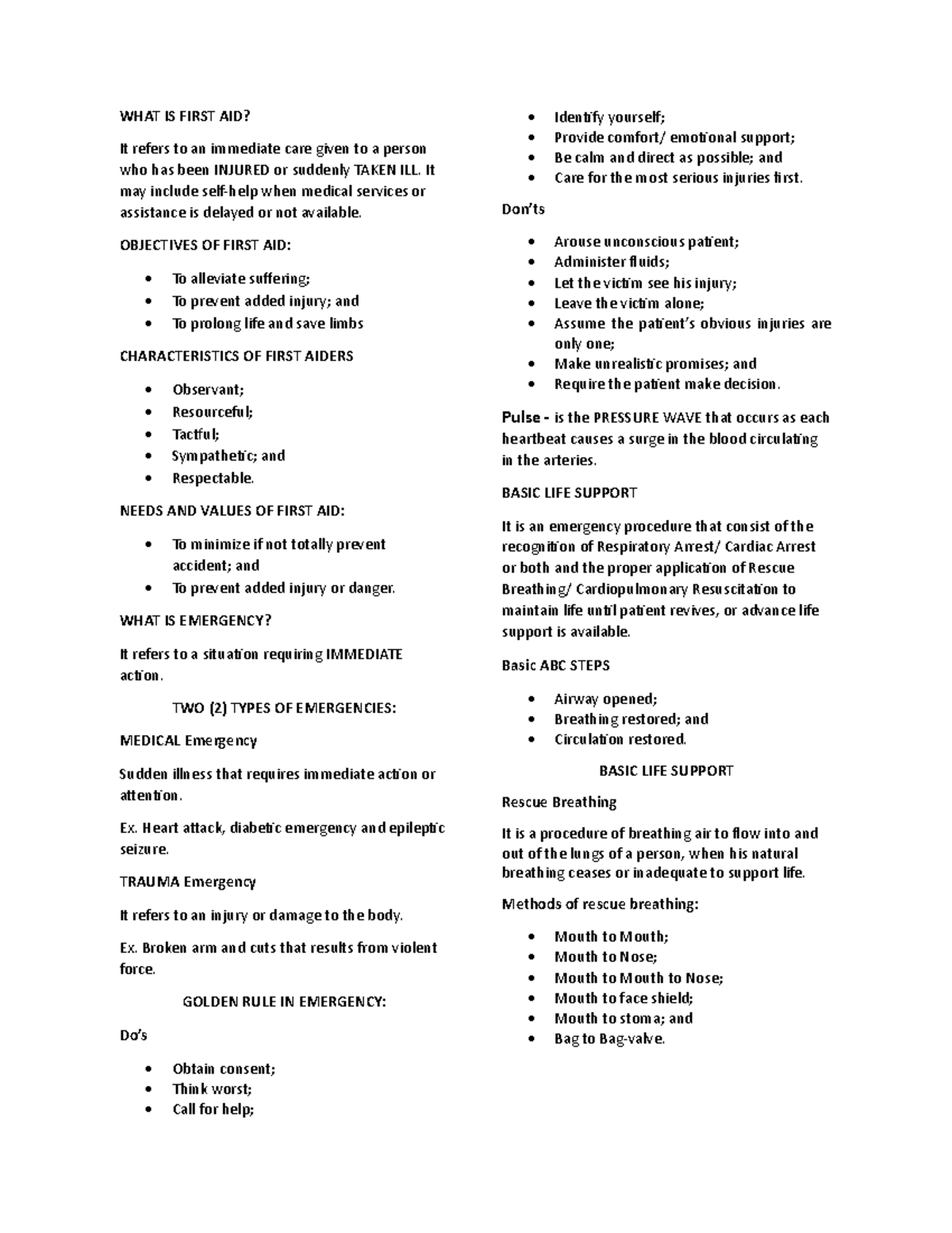 DT3 First Aid NOTES - WHAT IS FIRST AID? It refers to an immediate care ...