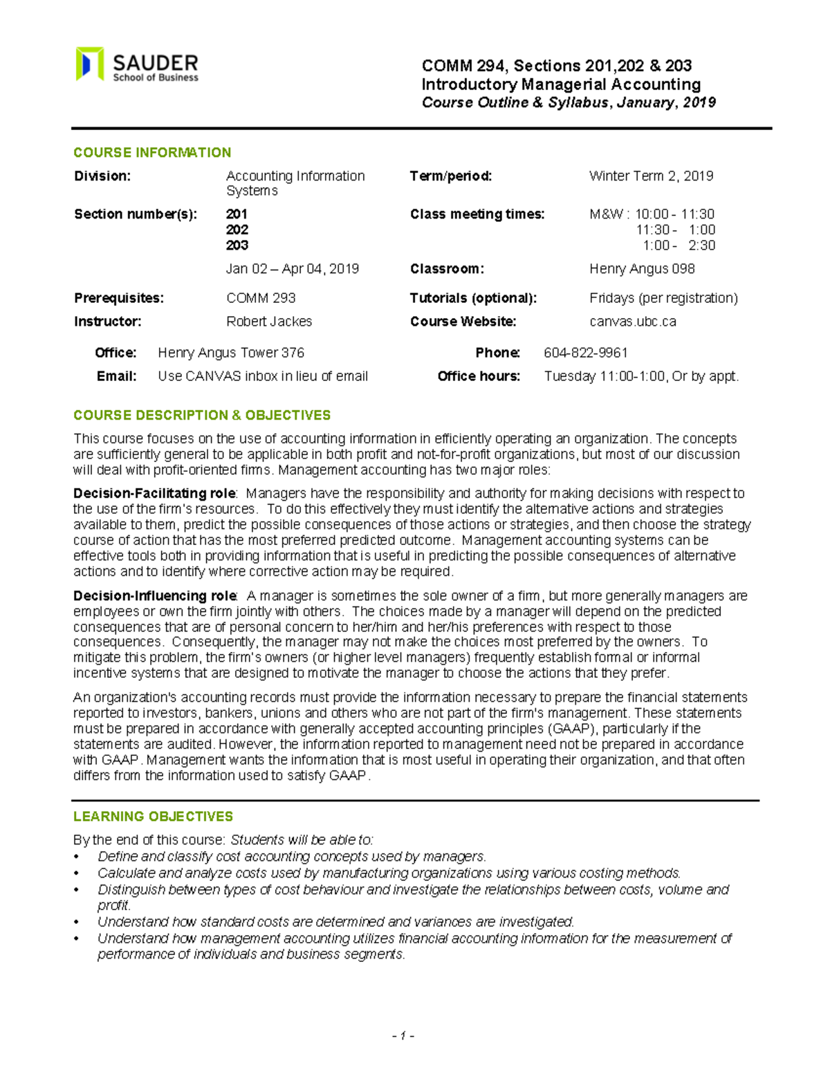 COMM+294 - Syllabus - Introductory Managerial Accounting Course Outline ...