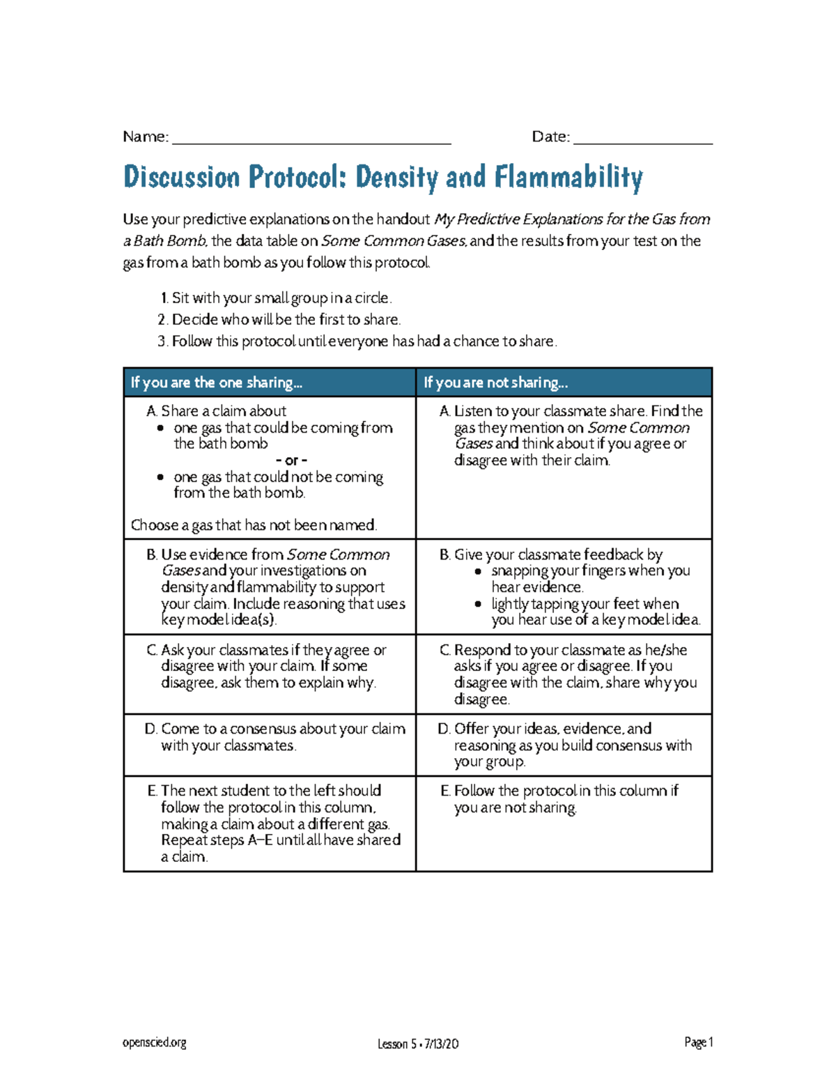 Lesson 5 Handout Discussion Protocol Density - Name