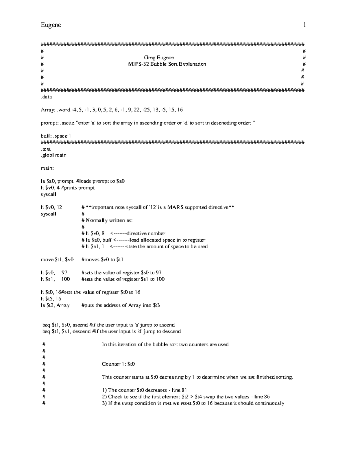 MIPS 32 Bubble Sort Algorithm Explanatio - # Greg Eugene MIPS-32 Bubble ...