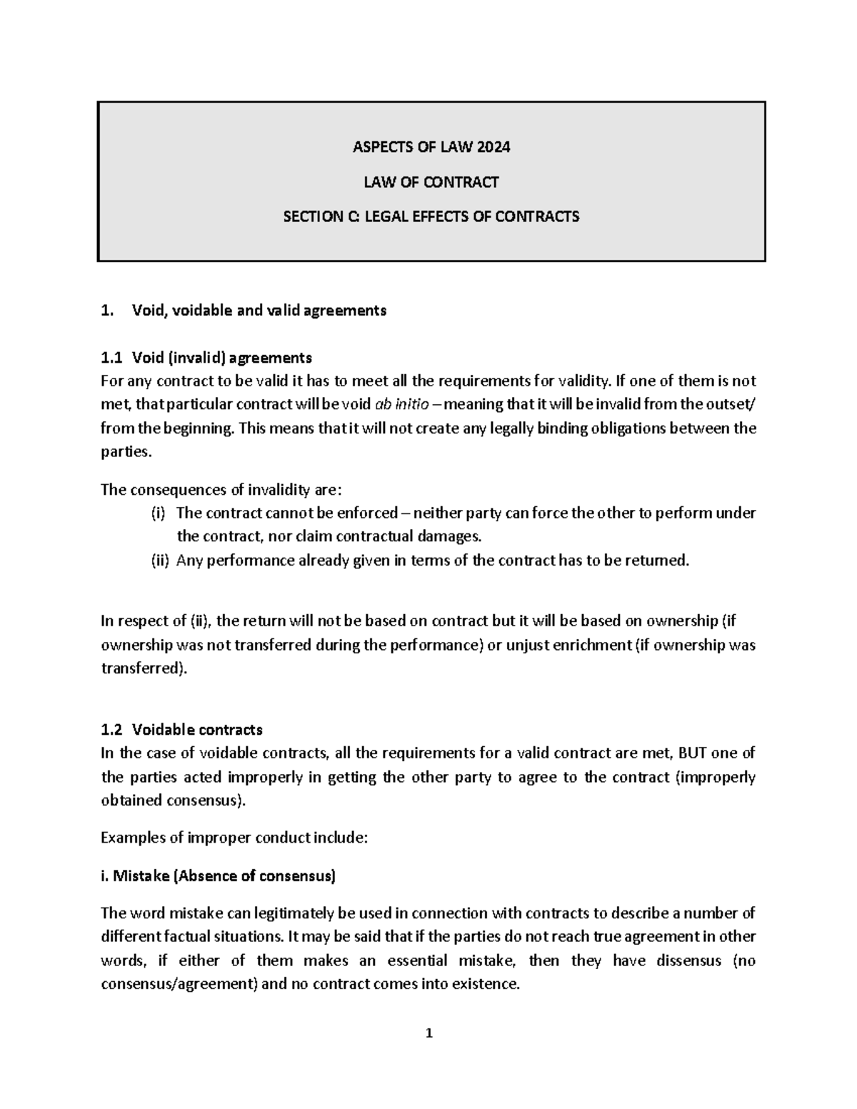 Contract Section C 2024 legal effects of a contract - ASPECTS OF LAW ...