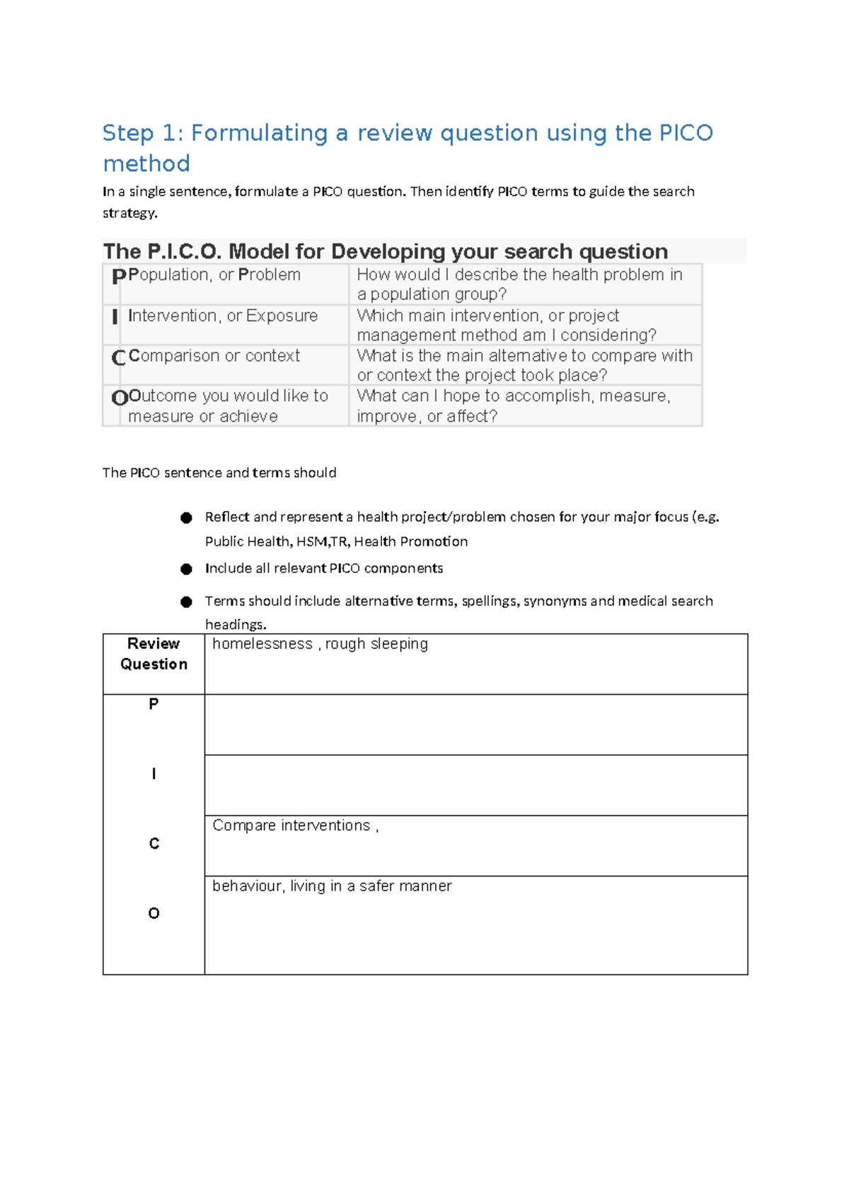 PUBH 3028 PICO template - Step 1: Formulating a review question using ...