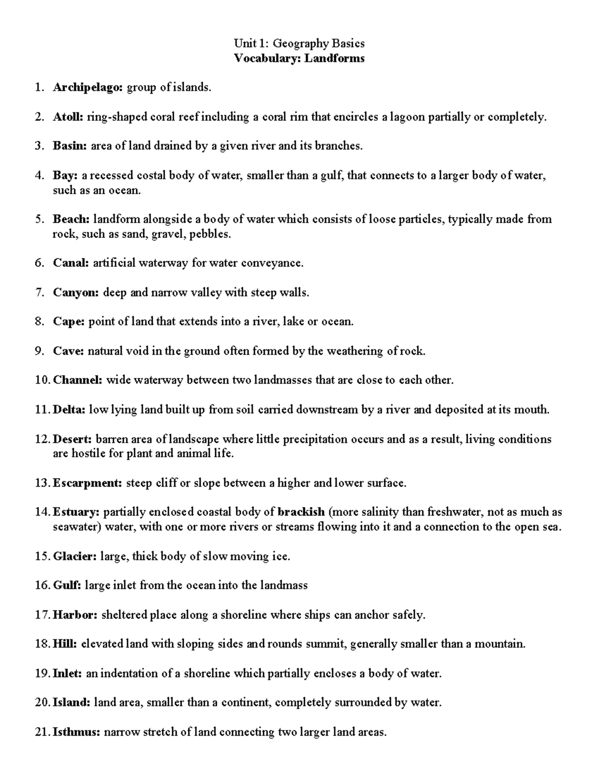Vocabulary - Landforms - Unit 1: Geography Basics Vocabulary: Landforms ...