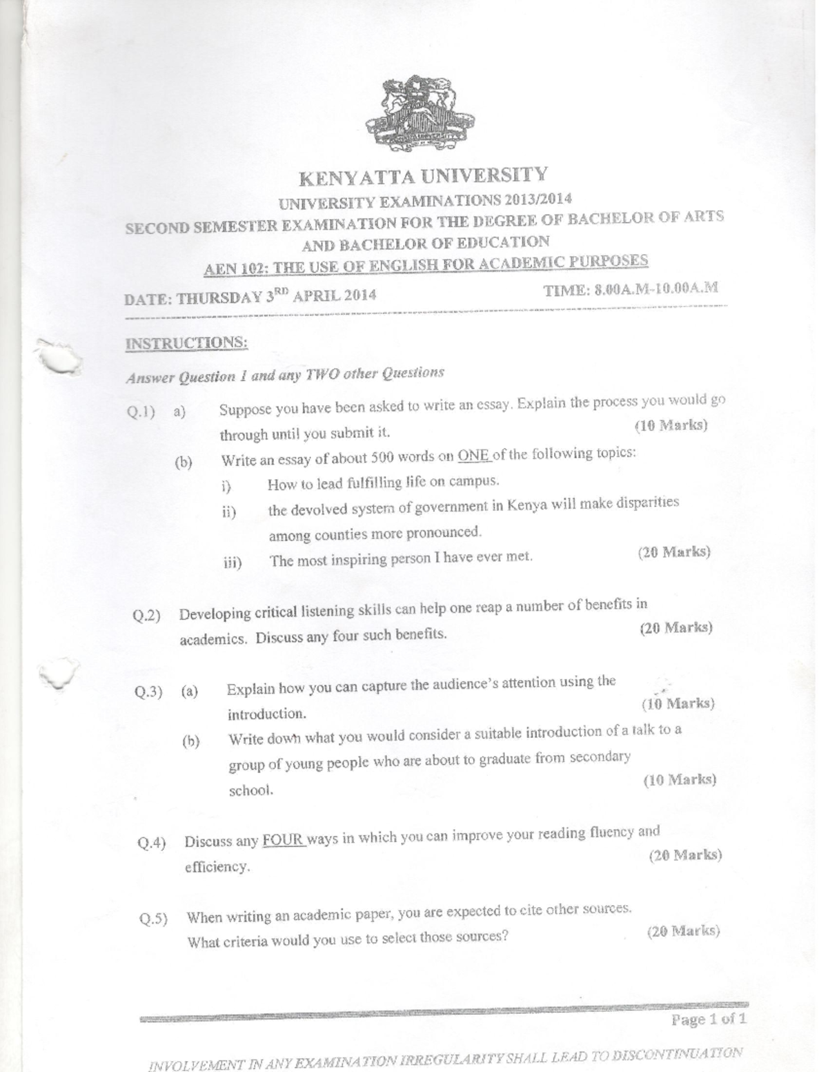 AEN 102 THE USE OF English FOR Academic Purposes - KENYATTA UNIVERSITY ...