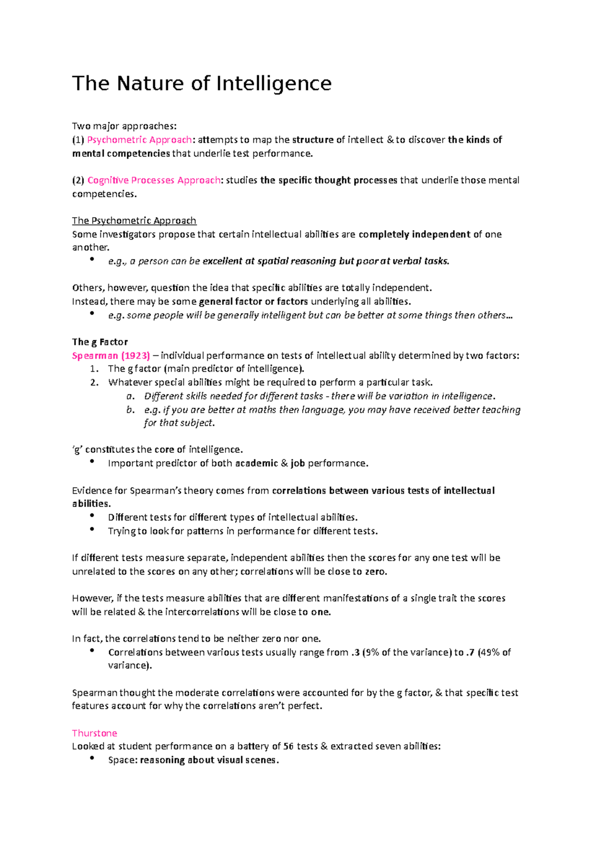 The Nature of Intelligence - (2) Cognitive Processes Approach: studies ...