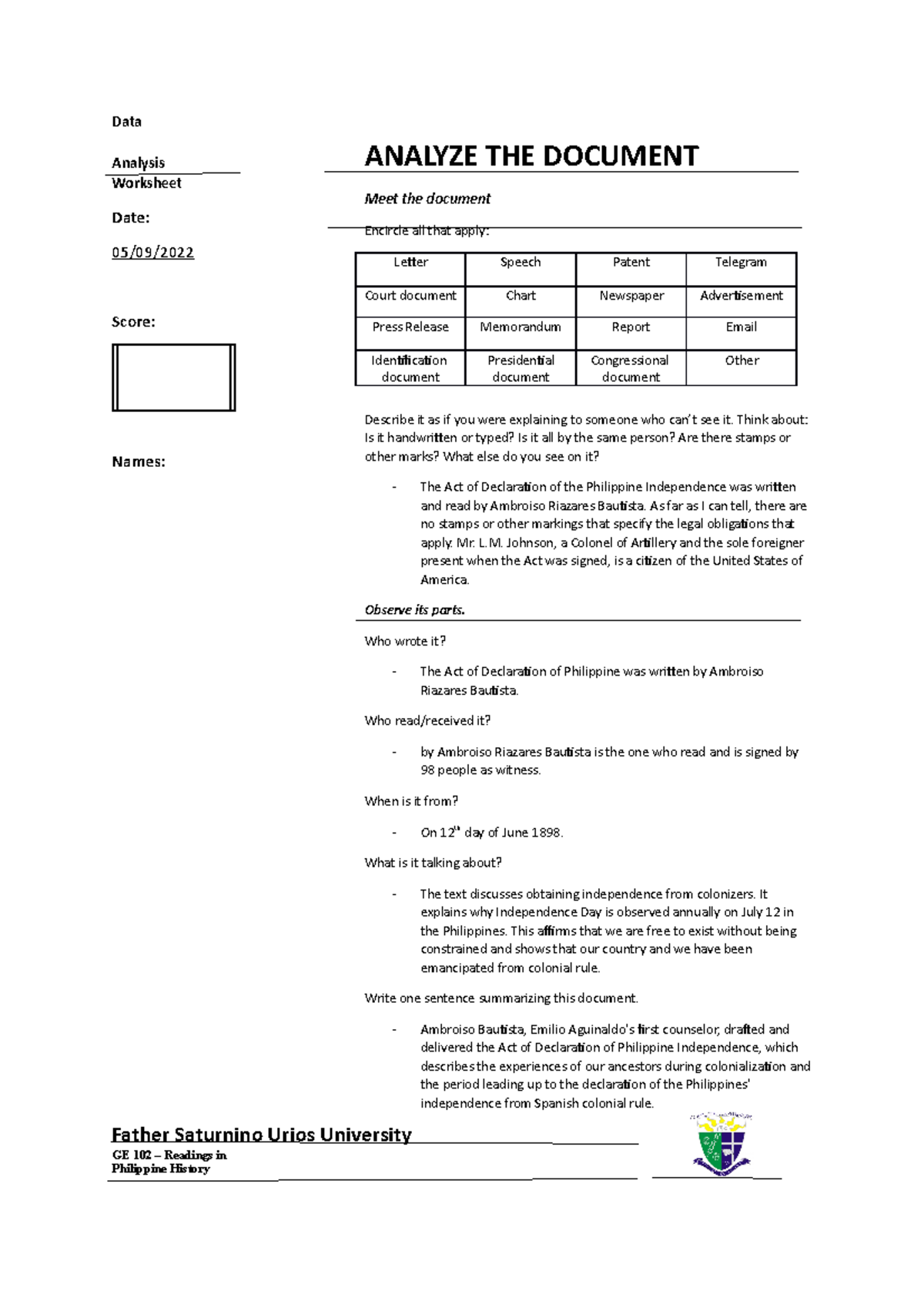 Document Analysis Worksheet Document - Data Analysis Worksheet Date: 05 ...