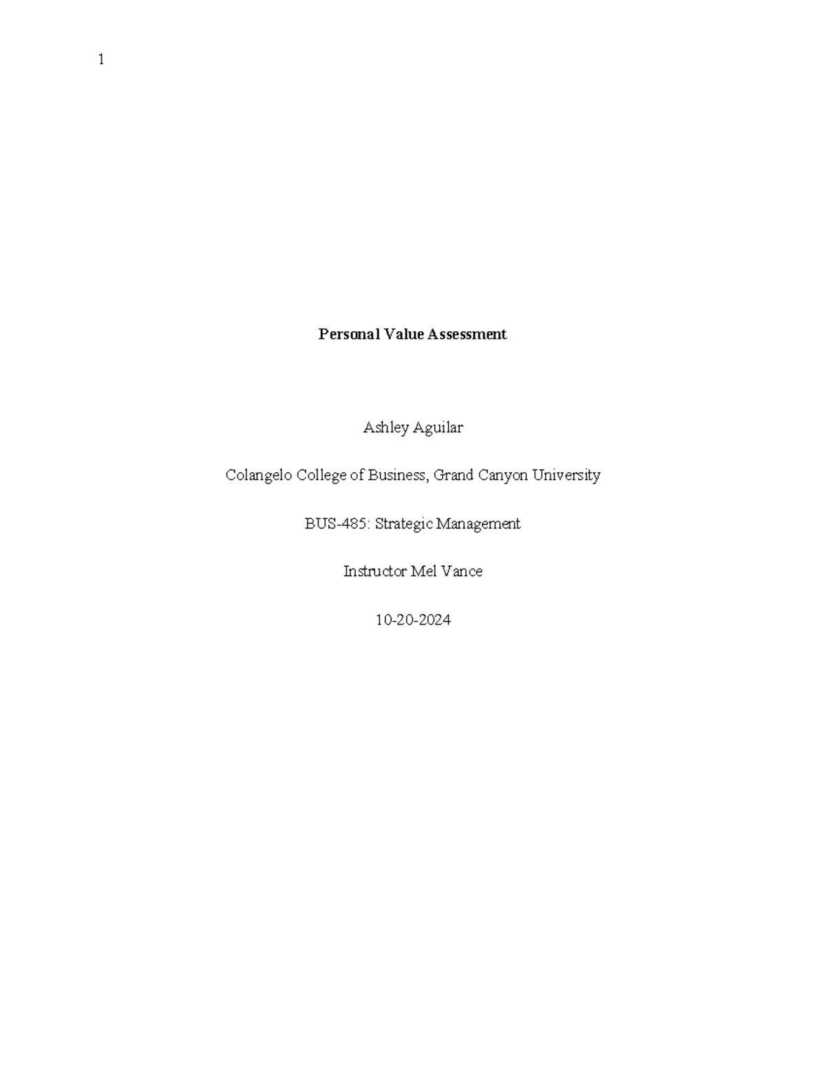 Personal Value Assessment - Personal Value Assessment Ashley Aguilar ...