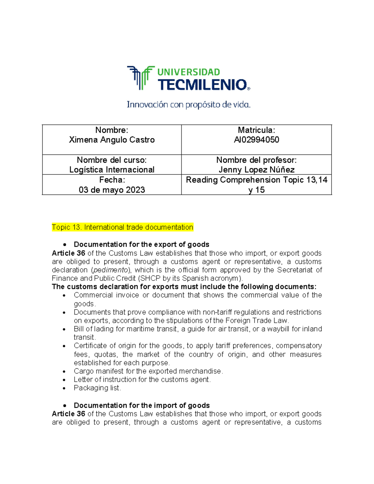 ILogistics CL6 Tecmi - Logística internacional - TecMilenio - Studocu