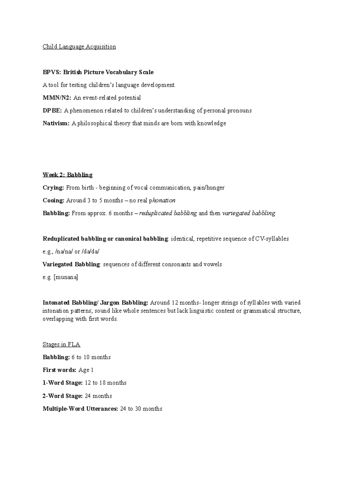 CLA - Lecture Notes - Child Language Acquisition BPVS: British Picture ...