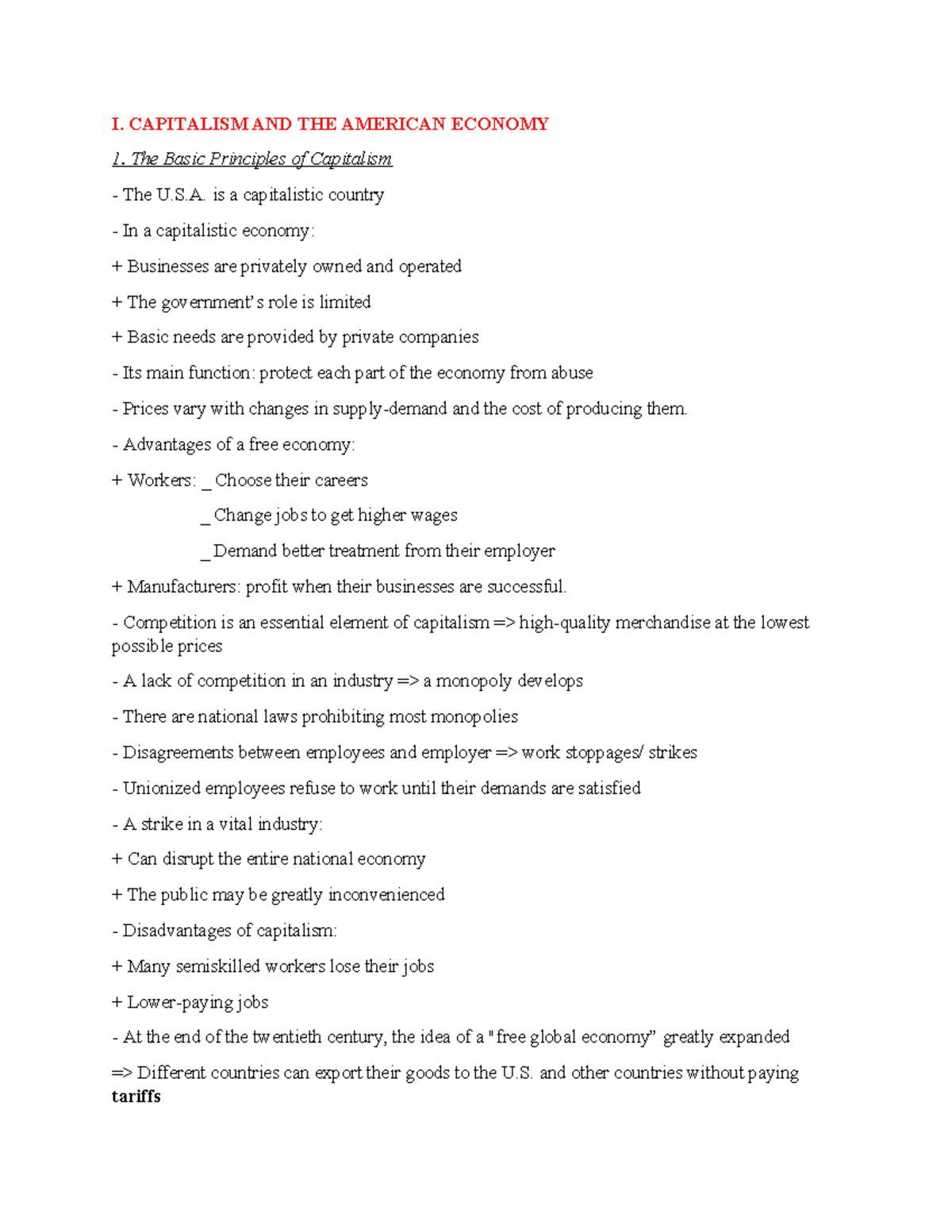 Capitalism - I. CAPITALISM AND THE AMERICAN ECONOMY The Basic ...