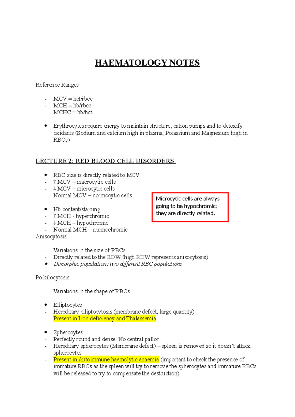 Haematology Notes 1 - HAEMATOLOGY NOTES Reference Ranges - MCV = hct ...