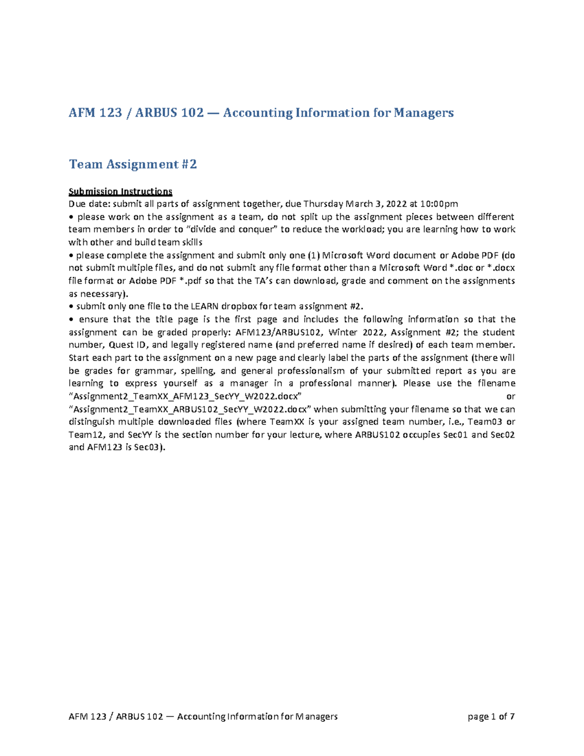 Team assignment 2-AFM123 Arbus 102w2022 - AFM 123 / ARBUS 102 ...