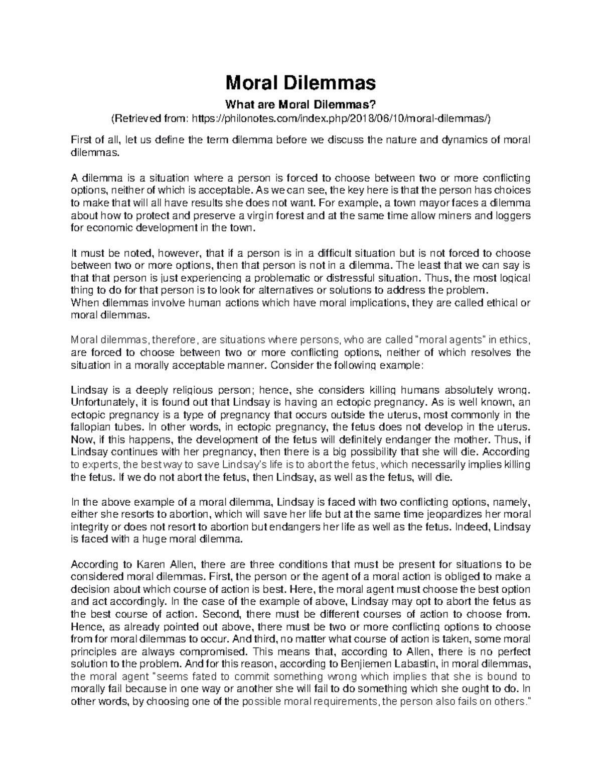 Moral Dilemmas - Lecture notes 6 - BSED English - PangSU - Studocu