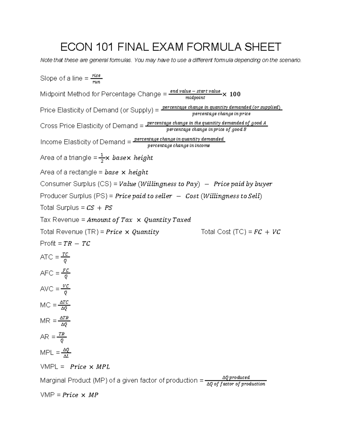 ECON 101 Final Exam Formula Sheet - ECON 101 FINAL EXAM FORMULA SHEET Note that these are ...