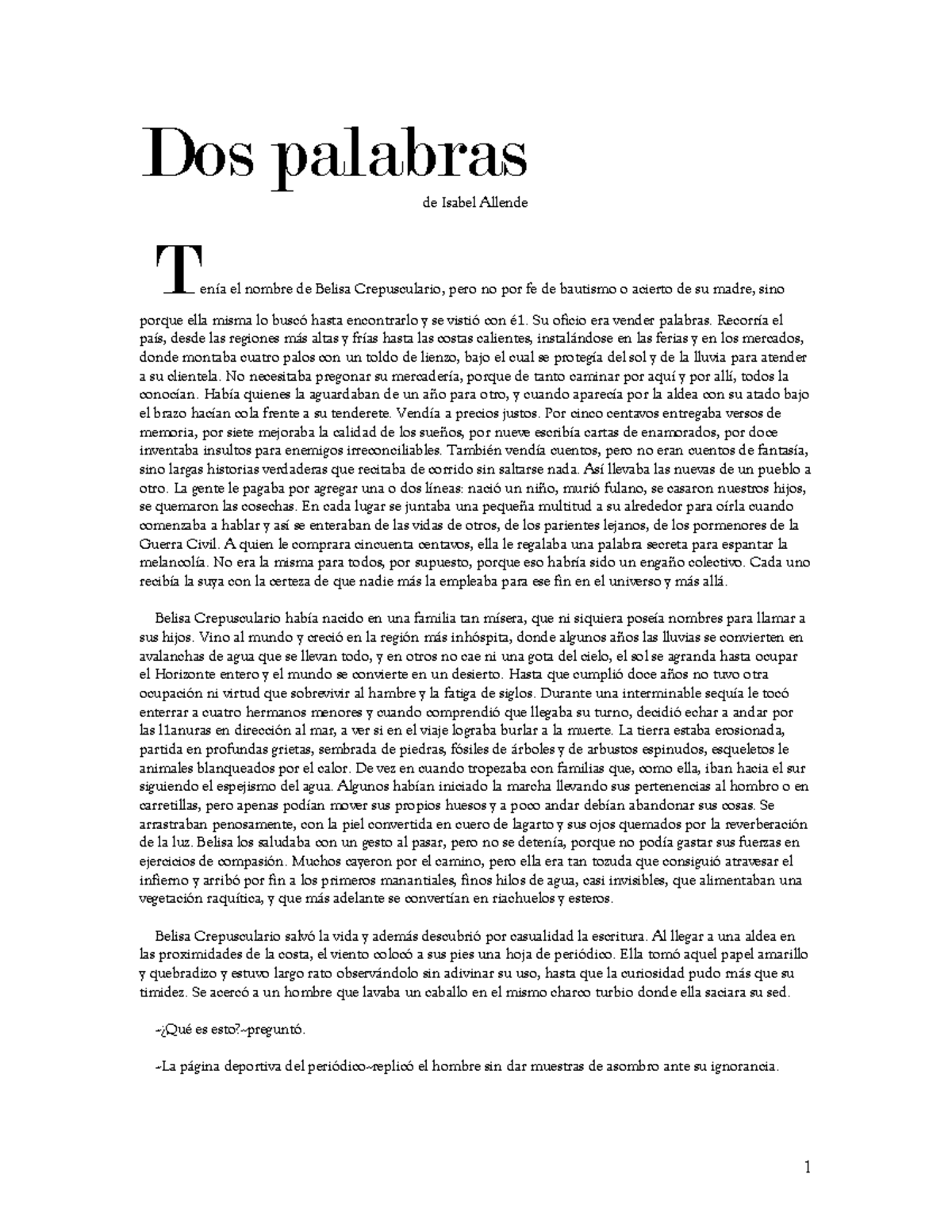 Cuento DOS Palabra DE Isabel Allende - Dos palabras de Isabel Allende ...