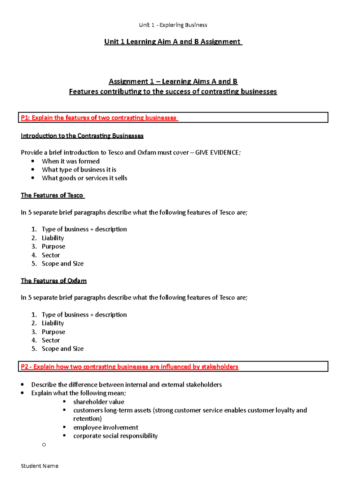 Unit 1 Learning Aims A and B Structure Sheet 2020 21 - Unit 1 Learning ...