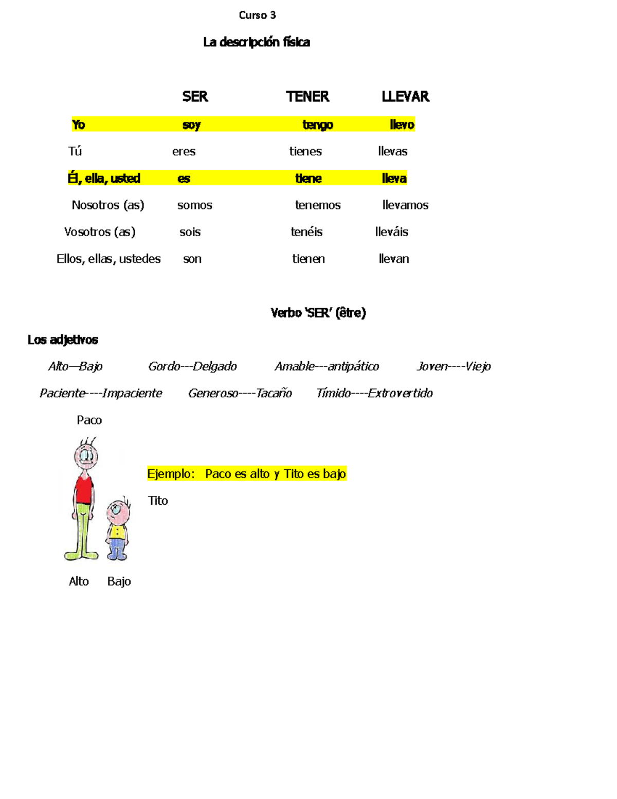 Cours 3 - Curso 3 La descripción física SER TENER LLEVAR Yo soy tengo ...