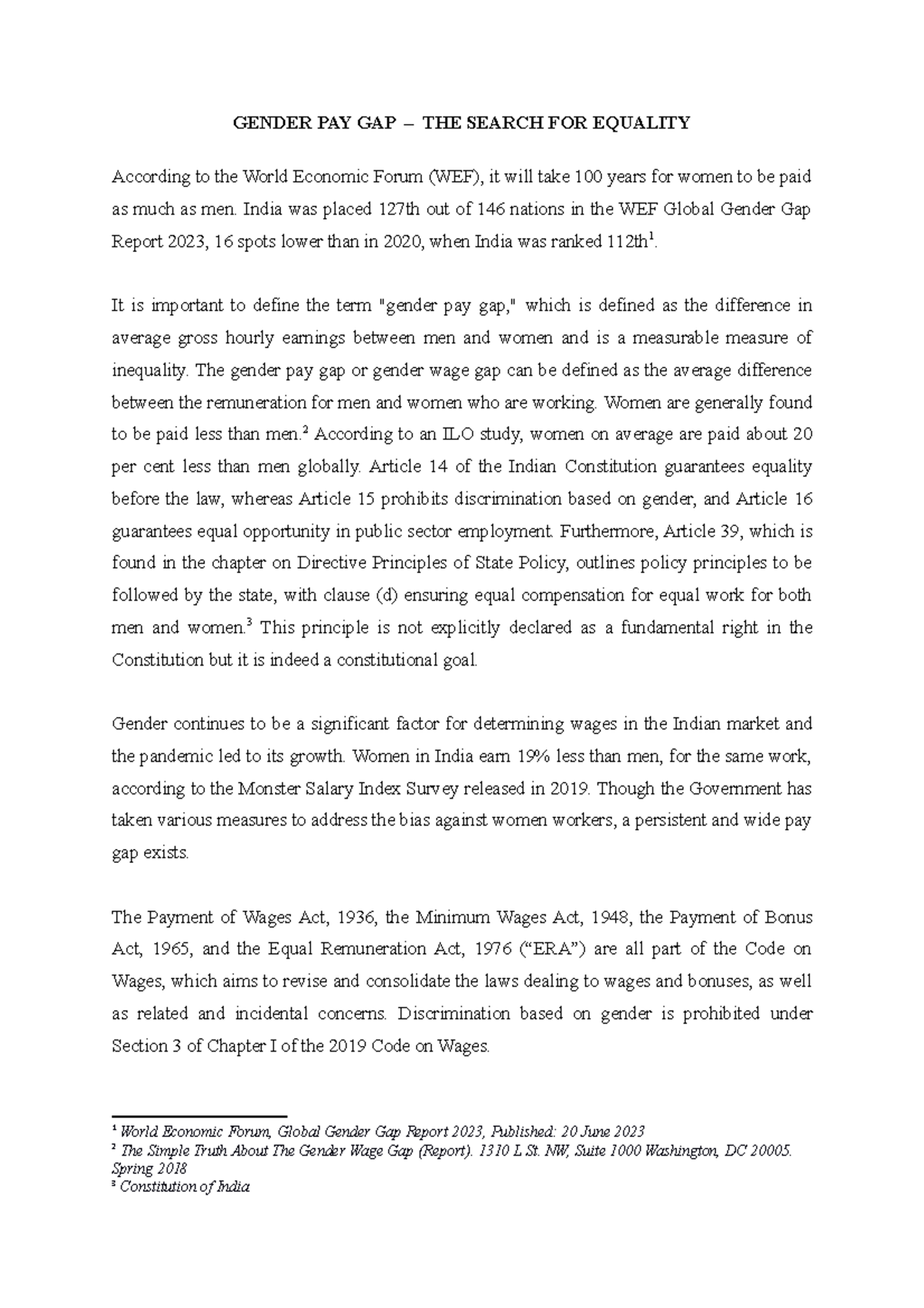 Academic Essay - assignment mandatory - GENDER PAY GAP – THE SEARCH FOR ...