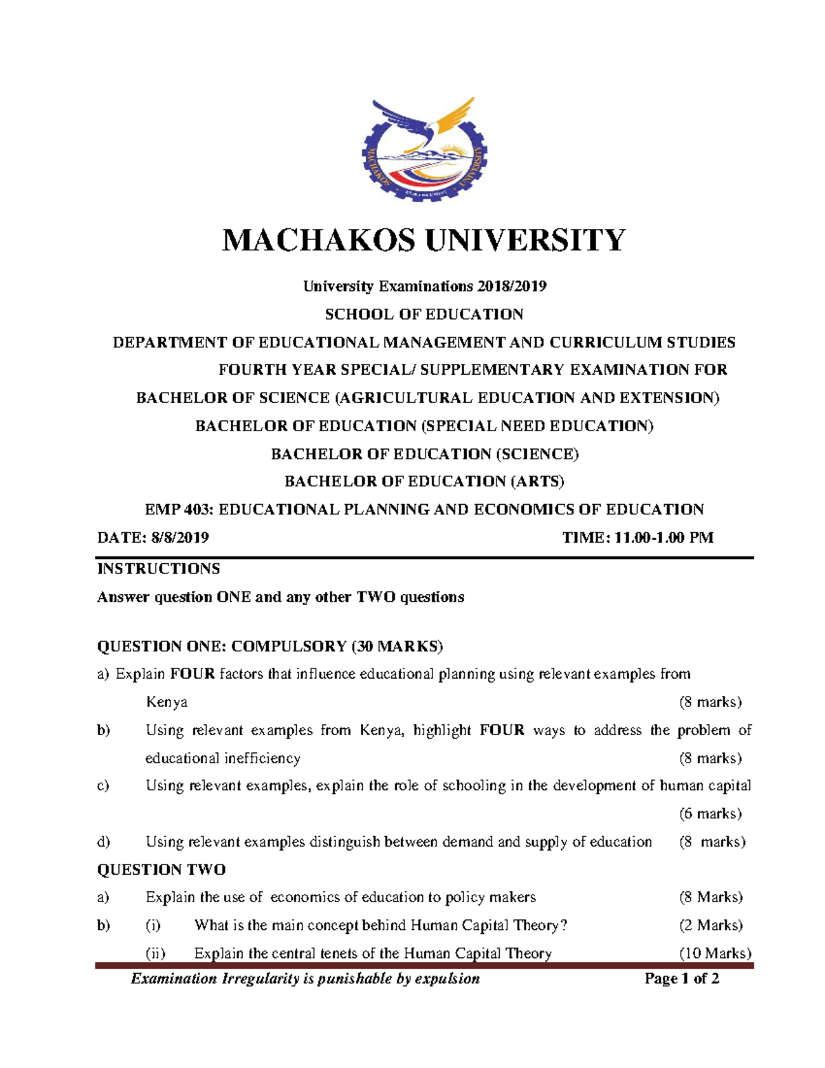EMP 403 Educational Planning AND Economics OF Education - Examination ...