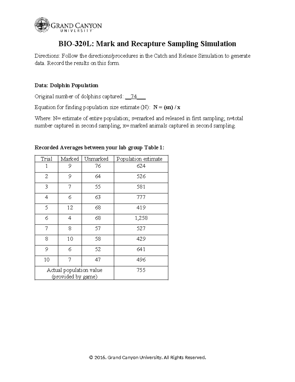 Bio 320L Mark and Recaputure and Virtual Sampling Worksheet - BIO-320L ...