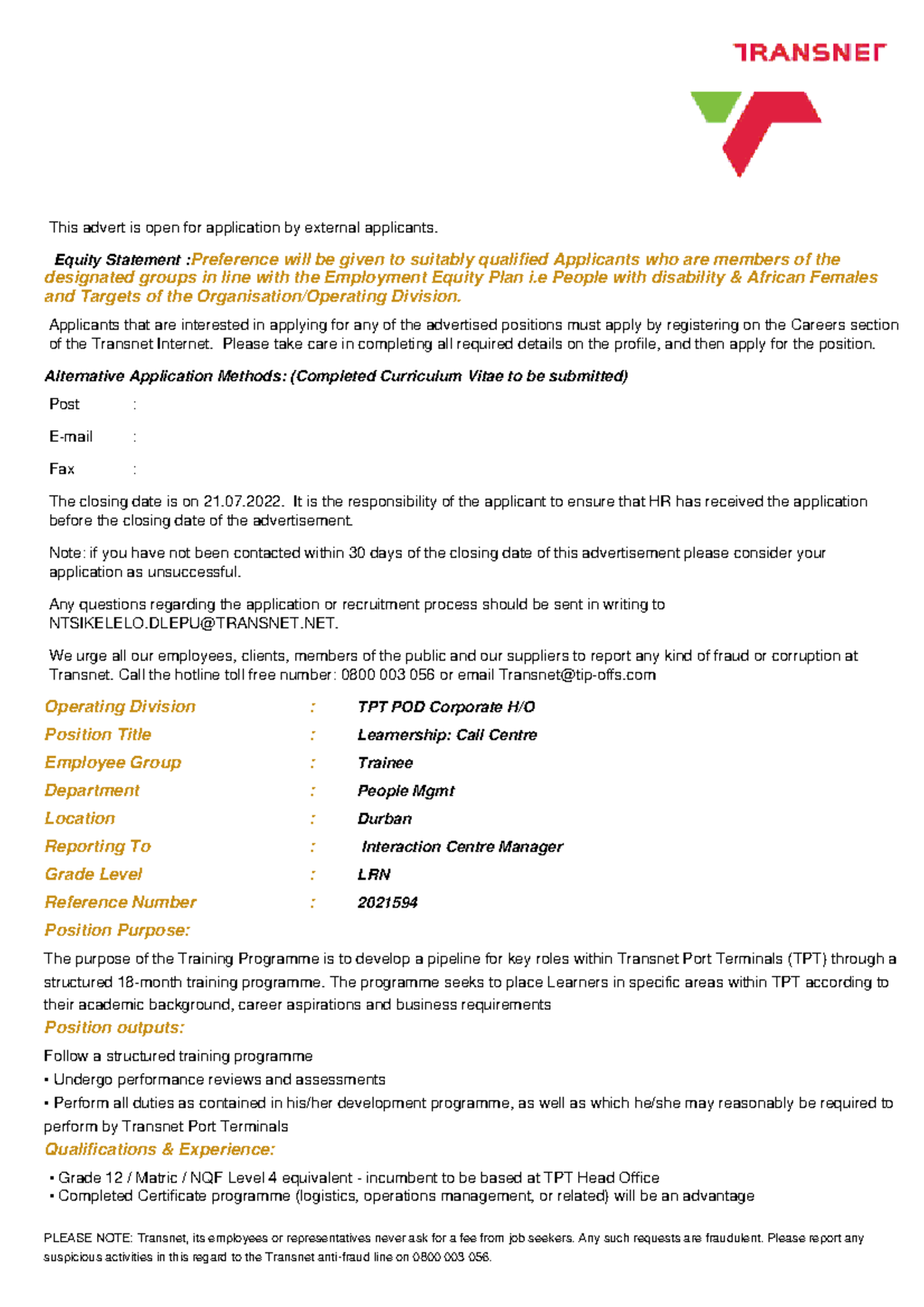 Data Overview - Learnership Call Centre - This advert is open for ...