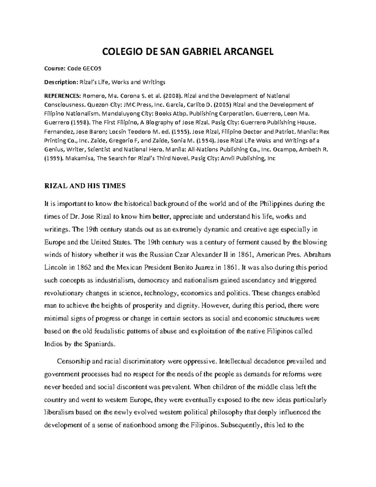 Rizal and the Philippines in the 19th Century - COLEGIO DE SAN GABRIEL ...