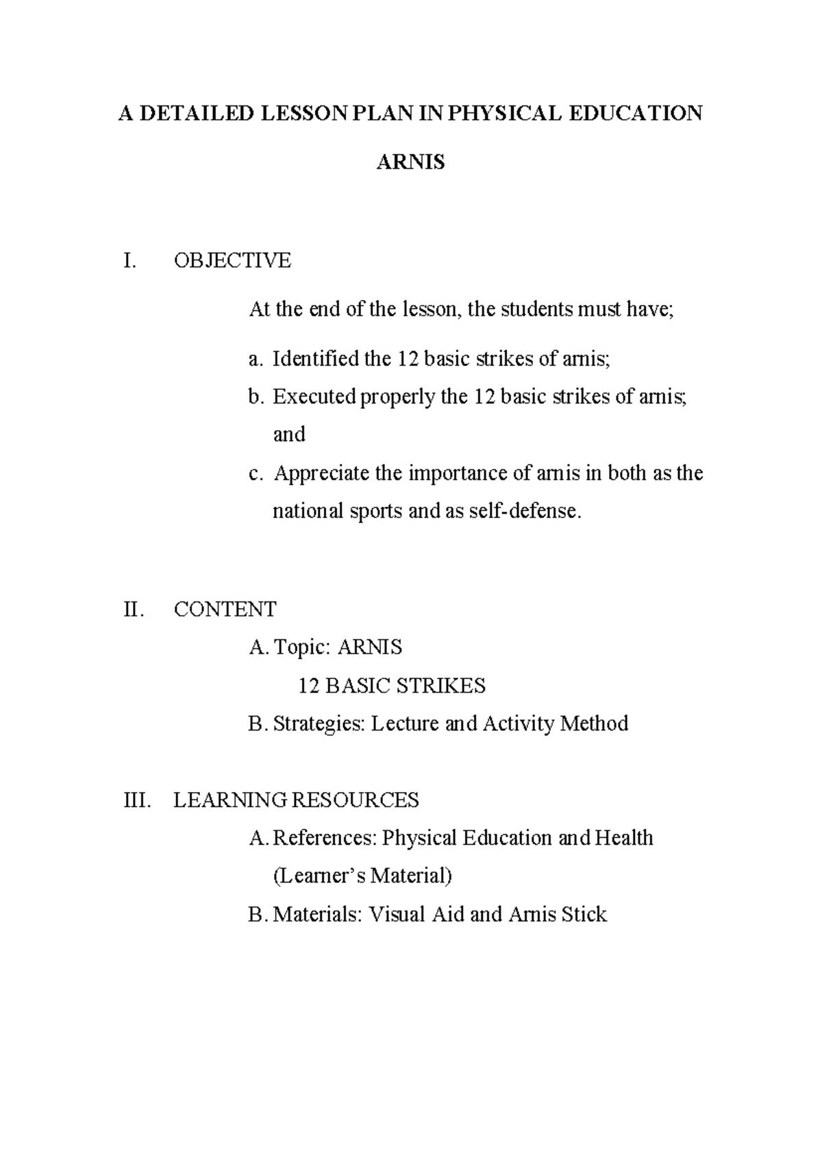 A Detailed Lesson PLAN IN Physical Education - A DETAILED LESSON PLAN ...