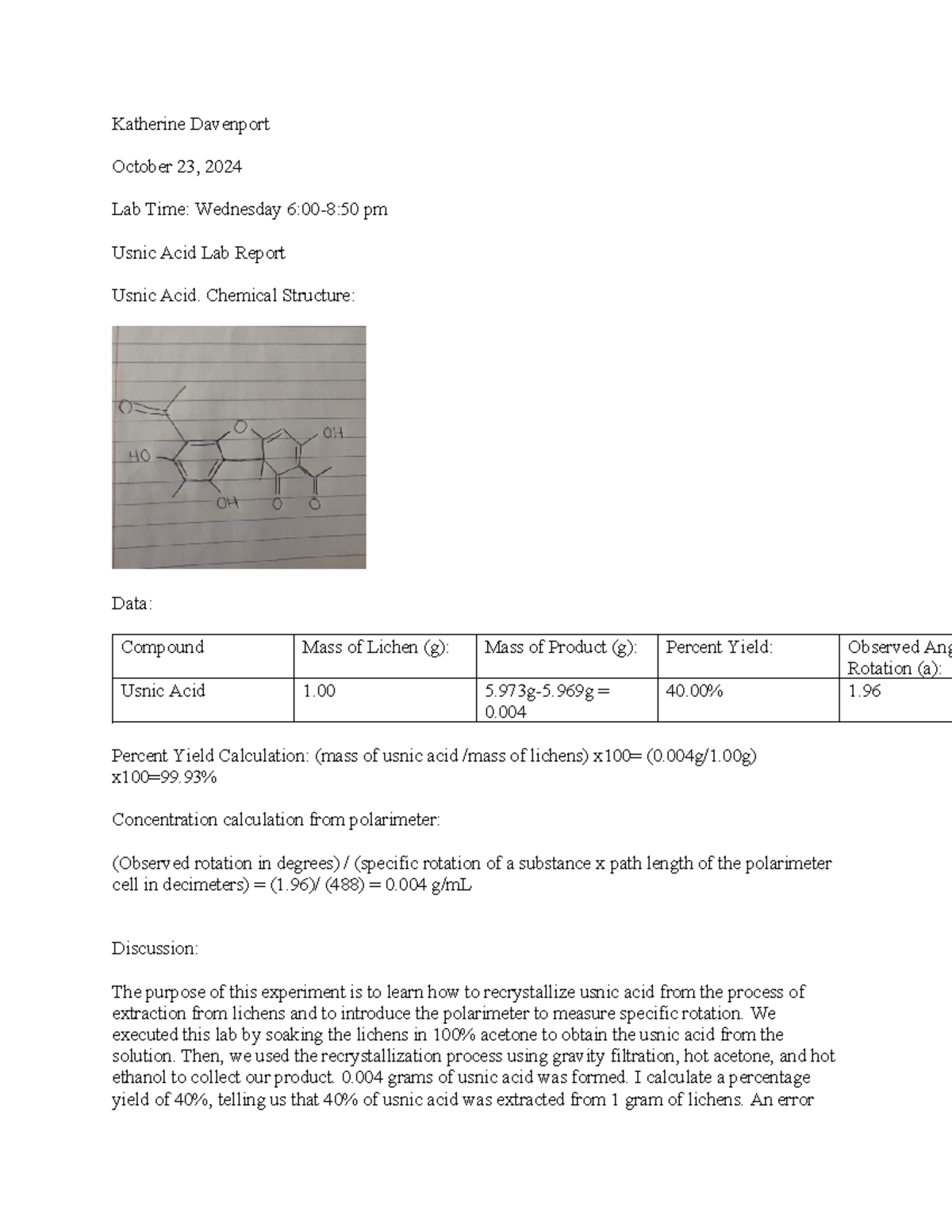 Usnic acid lab report ochem - Katherine Davenport October 23, 2024 Lab ...