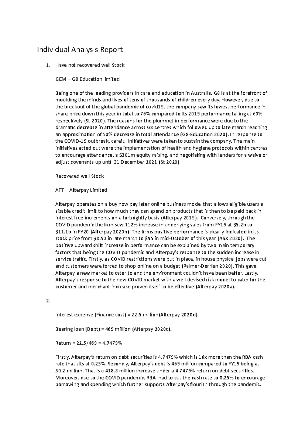 AFIN2050 Individual Report for Group Assignment - Individual Analysis ...