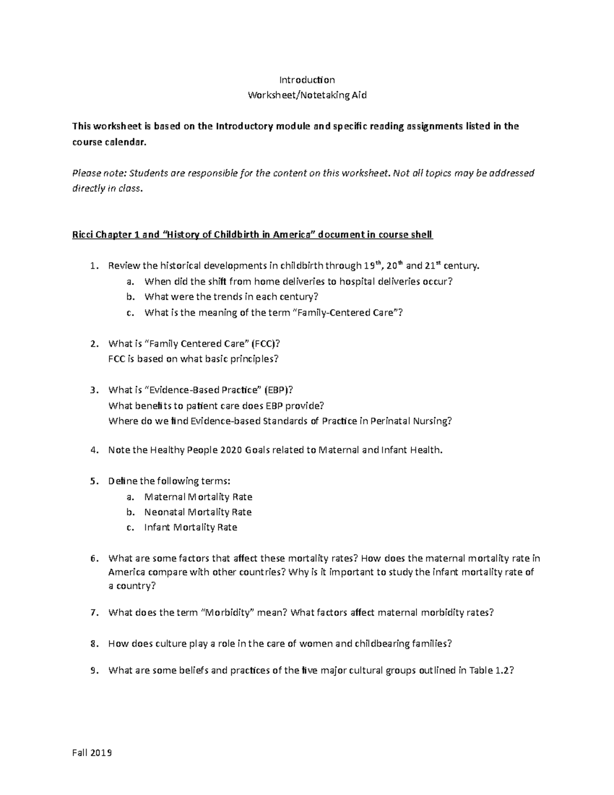 2019 Introductory Worksheet - Introduction Worksheet/Notetaking Aid ...