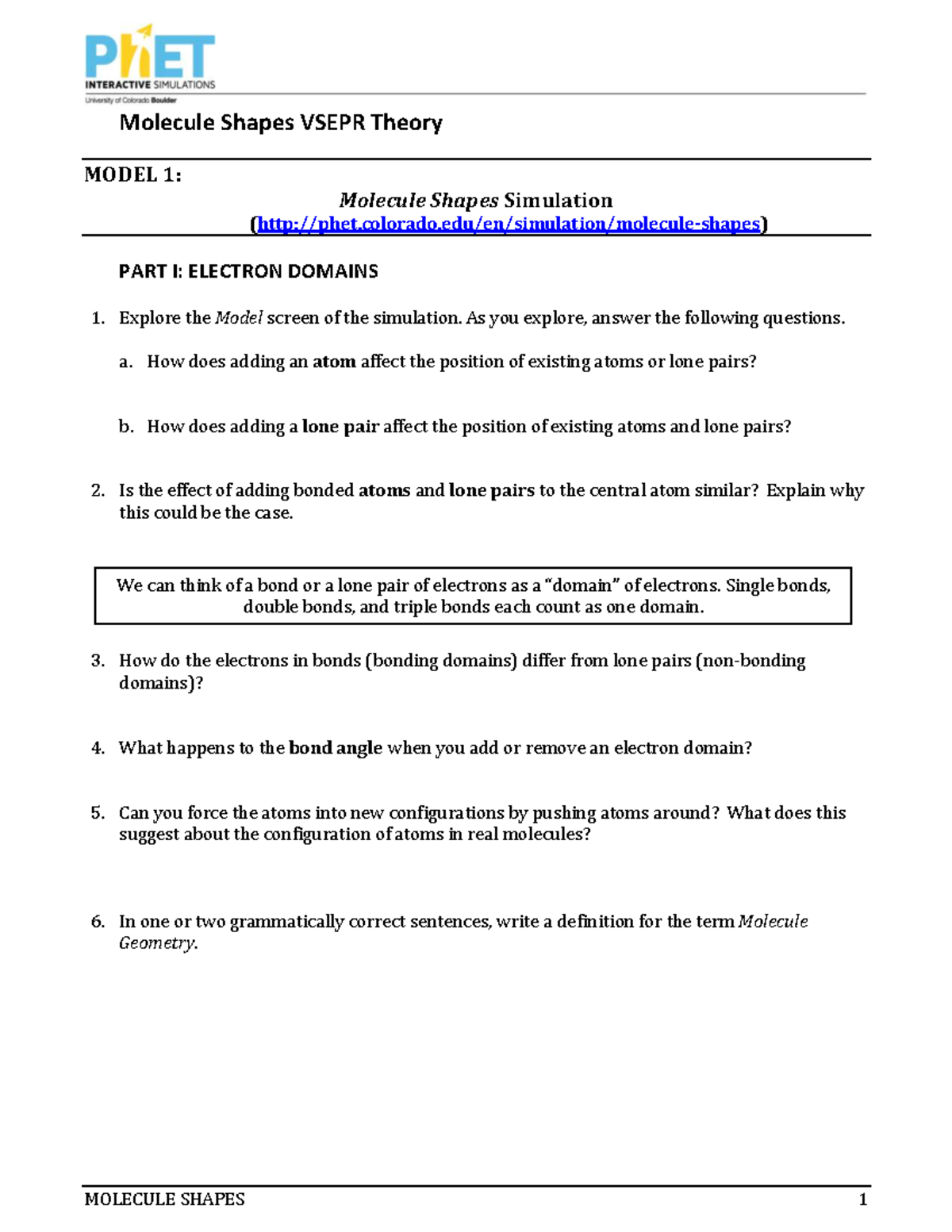 Vsepr lab - Worksheet - MOLECULE SHAPES 1 Molecule Shapes VSEPR Theory ...
