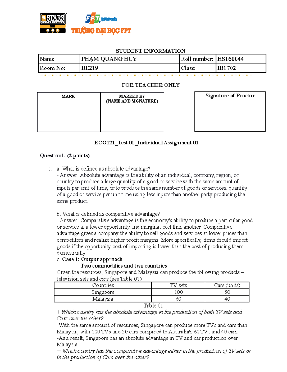 Phạm Quang Huy - ECO121 Test 01 Individual Assignment 01 - STUDENT ...