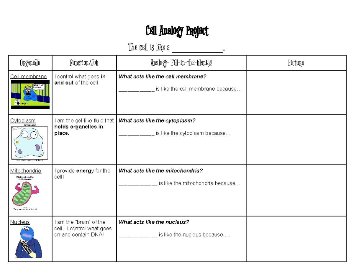 Cell Analogy Worksheet 7th Grade Science-1 - Cell Analogy Project The ...
