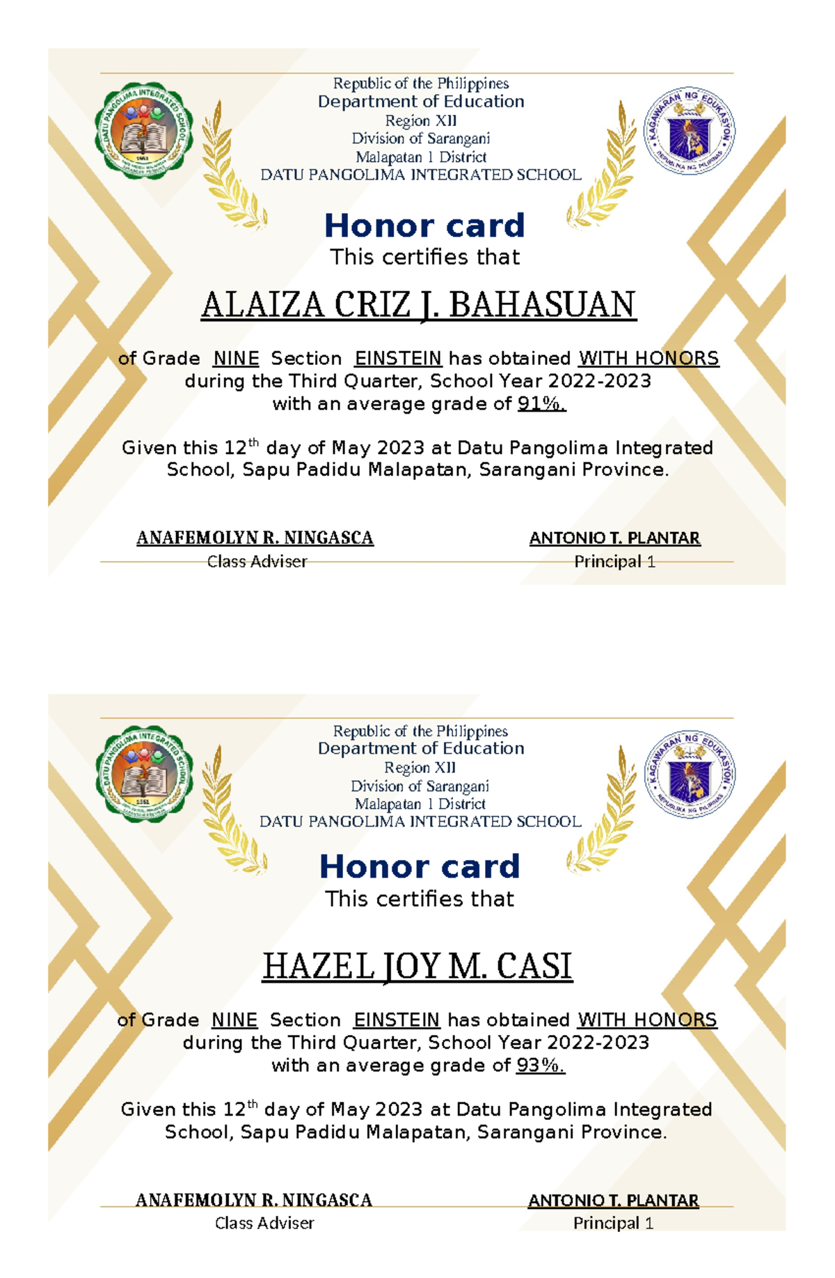Honor-CARD - Honor Card for Recognition - Republic of the Philippines ...