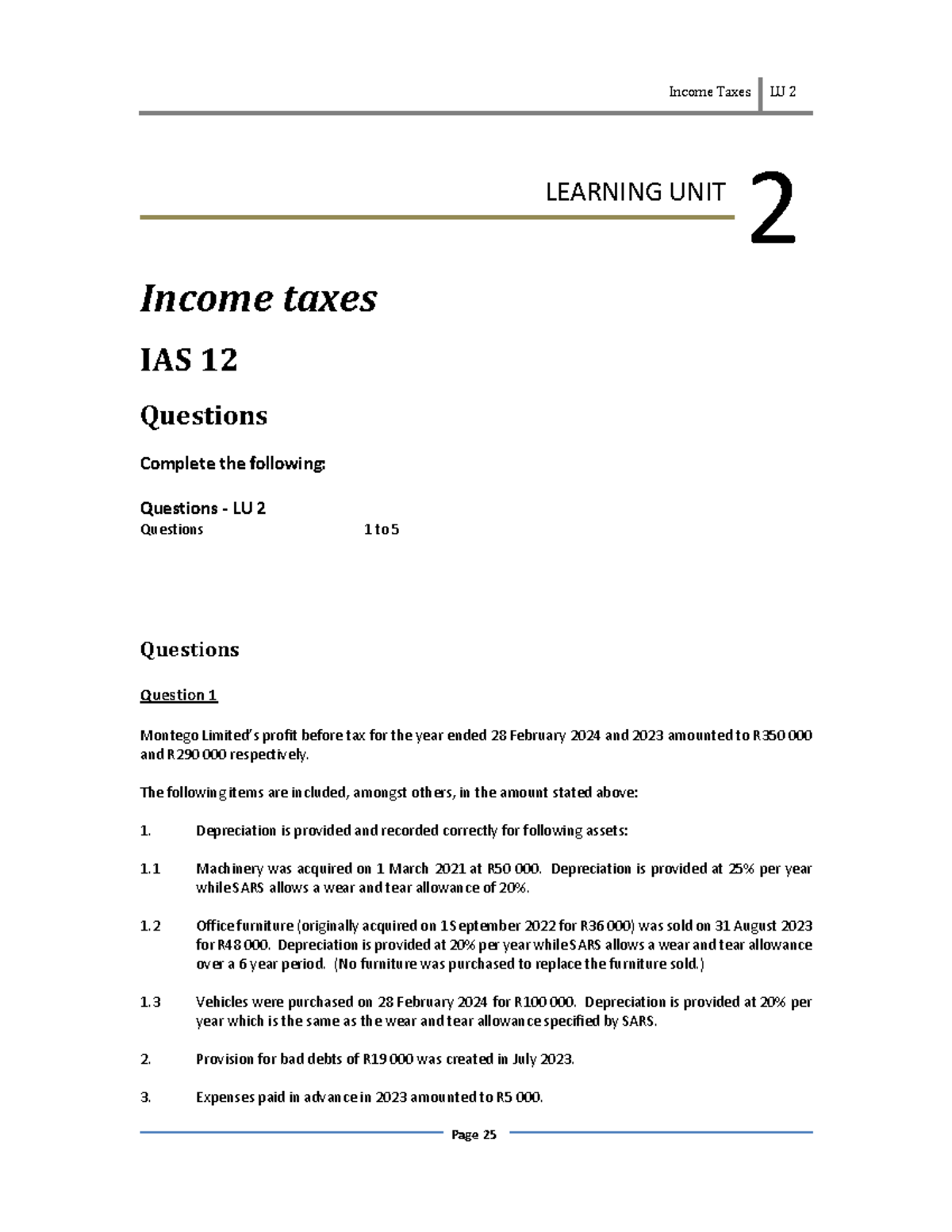 LU 2 - Income taxes questions - Income Taxes LU 2 LEARNING UNIT 2 ...