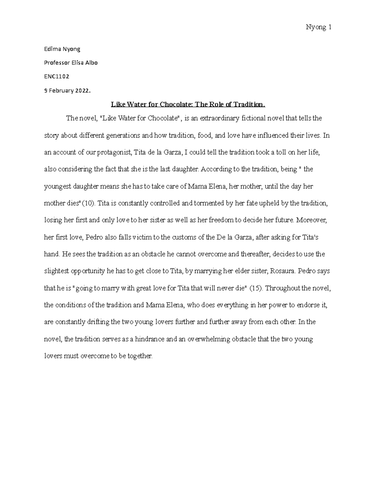 LWFC Edima Nyong - Essay on the novel by Esquivel, Like Water for ...