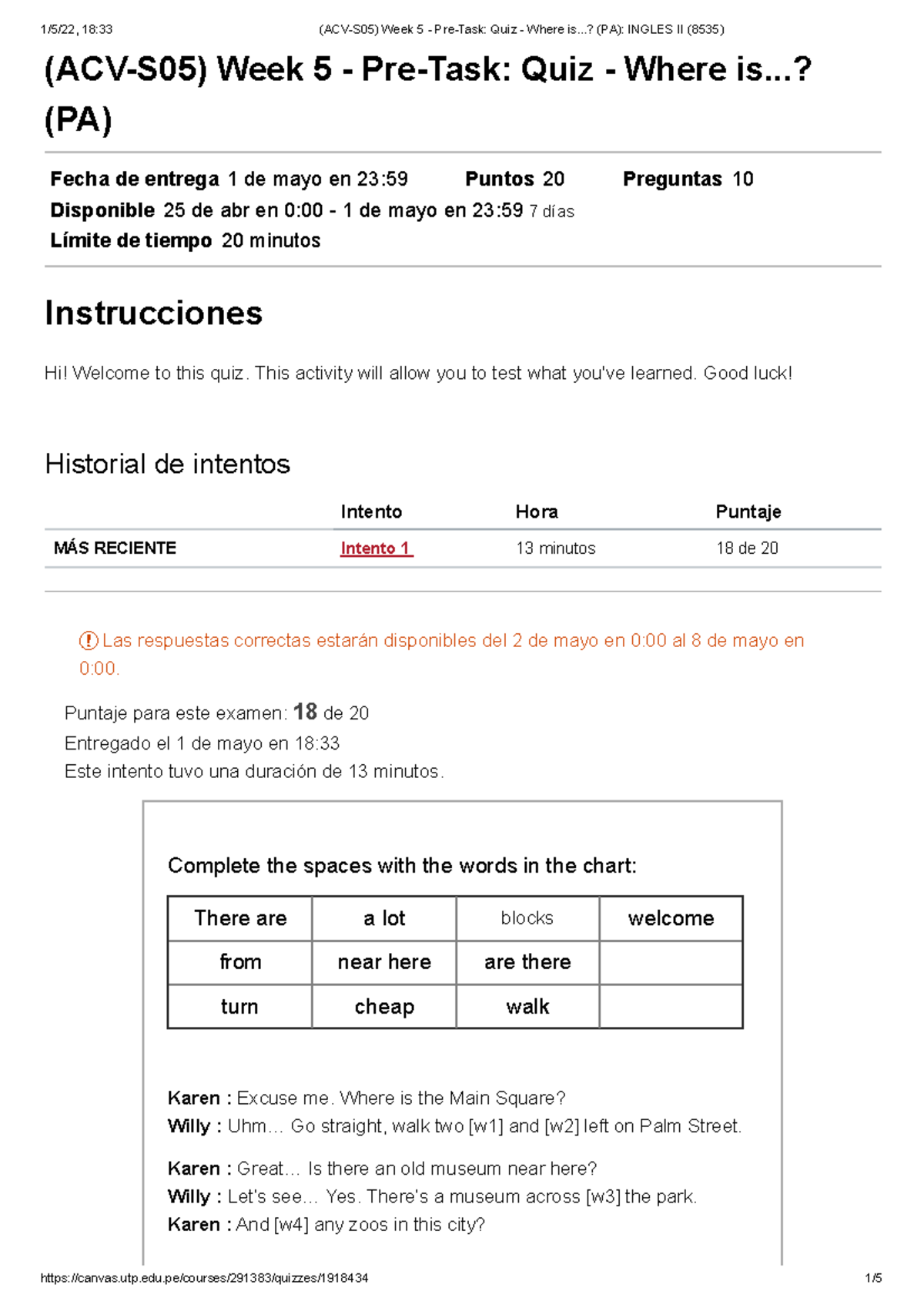 (ACV-S05) Week 5 - Pre-Task Quiz - Where is... (PA) Ingles II - (ACV-S05) Week 5 - Pre-Task ...