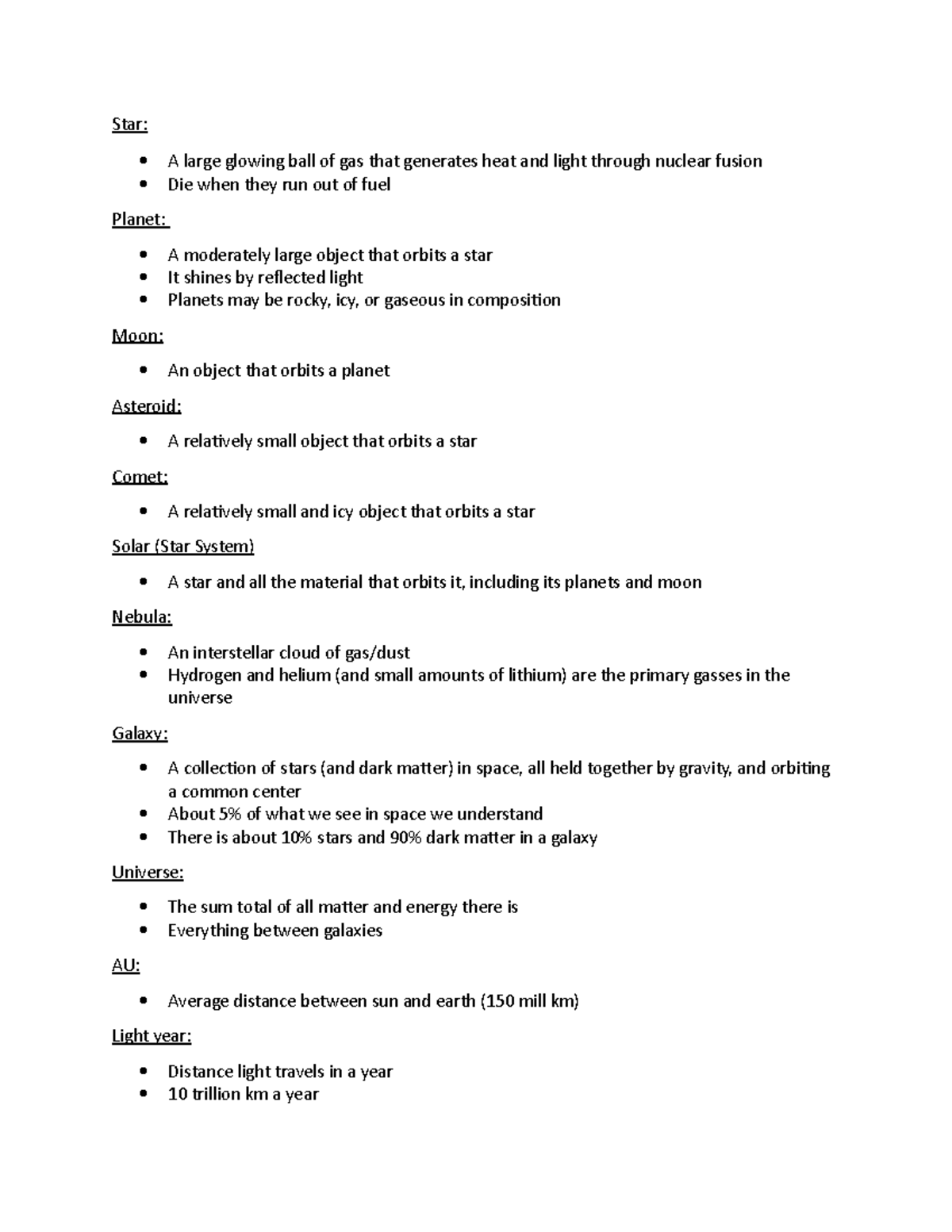 Astro final exam - Lecture notes 1-12 - Star: A large glowing ball of ...