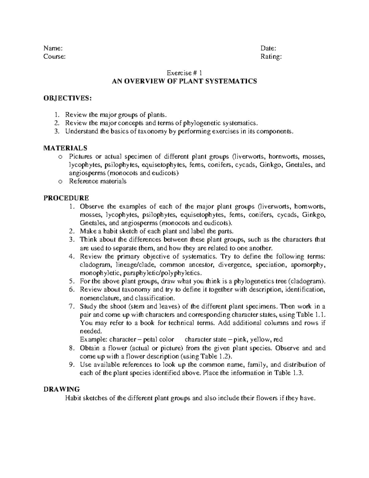 1 An Overview of Plant Systematics - Name: Date: Course: Rating ...