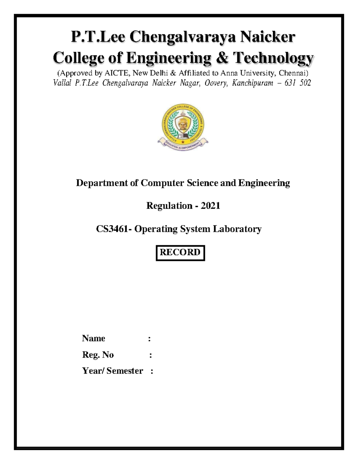 CS3461-OS lab record - P.T Chengalvaraya Naicker College of Engineering ...