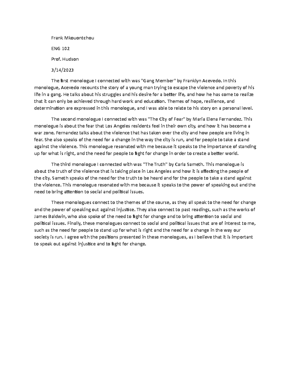 Frank Mkouontchou - final essay - Frank Mkouontchou ENG 102 Prof ...
