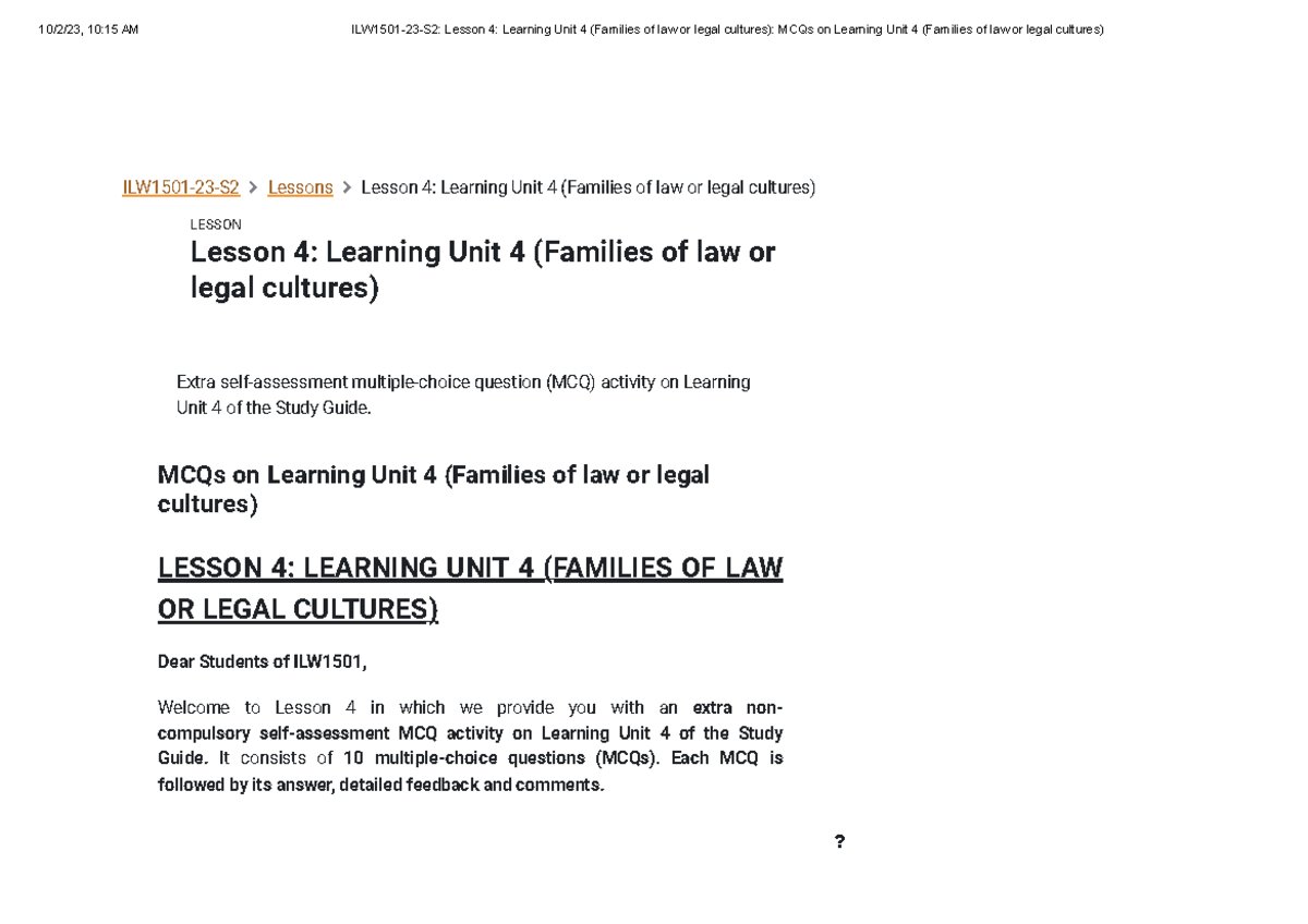 ILW1501-23-S2 Lesson 4 Learning Unit 4 (Families of law or legal ...