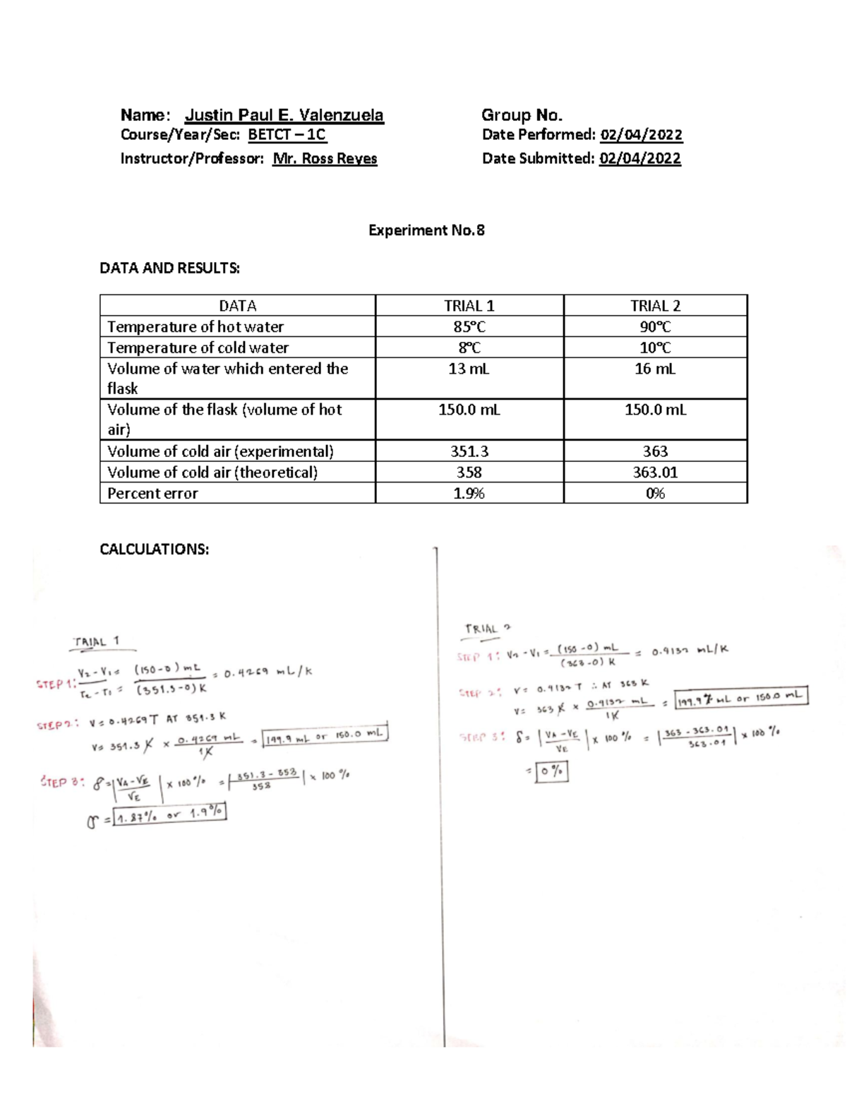 Valenzuela - Experiment No. 8 Charles Law - Name: Justin Paul E ...