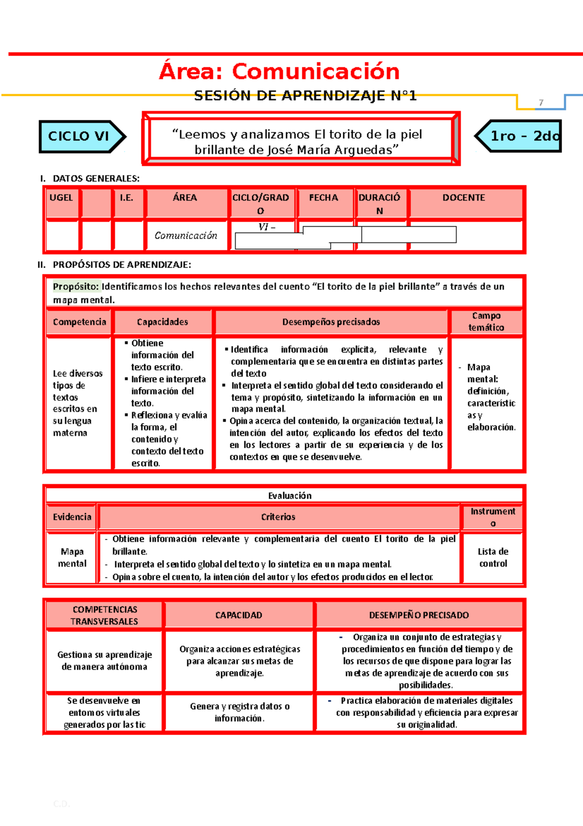 1° Sesión DE Aprendizaje Sesión - 1 - SESIÓN DE APRENDIZAJE N°1 7 I. DATOS GENERALES: UGEL I ...