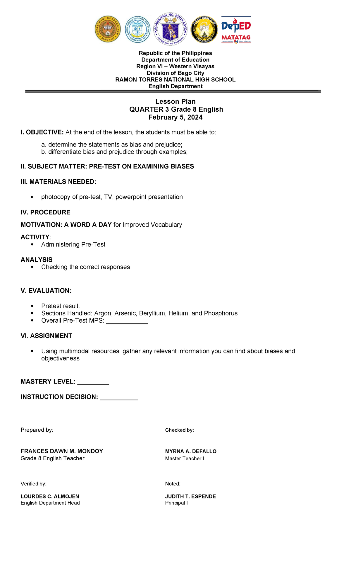 Q3 Pretest DLP - Republic of the Philippines Department of Education ...