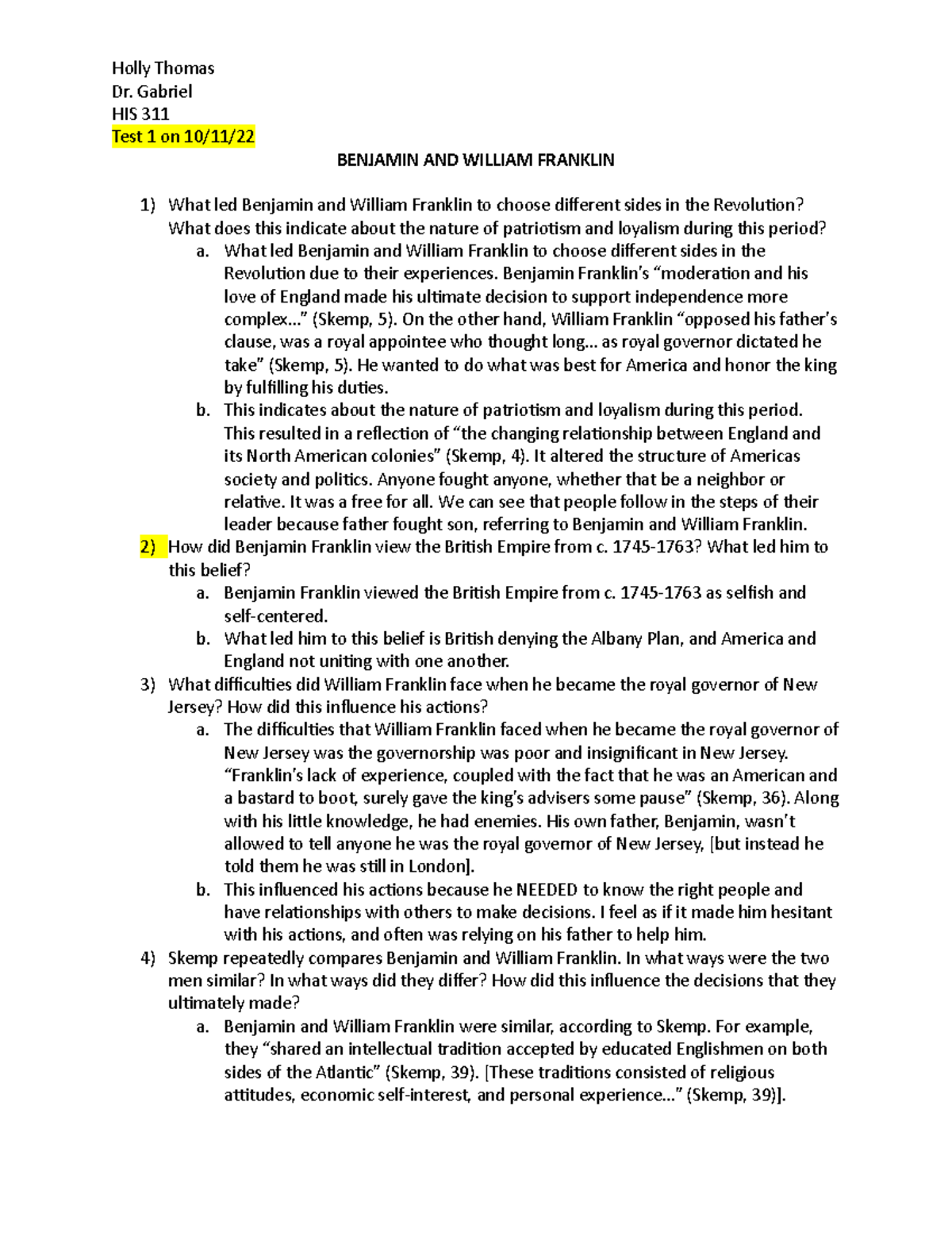 HIS 311 Questions for Test 1 - Holly Thomas Dr. Gabriel HIS 311 Test 1 ...