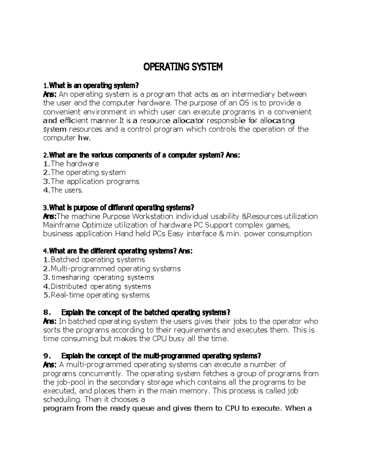 Subjective Questions On Operating System Operating System 1 What Is An Operating System Ans