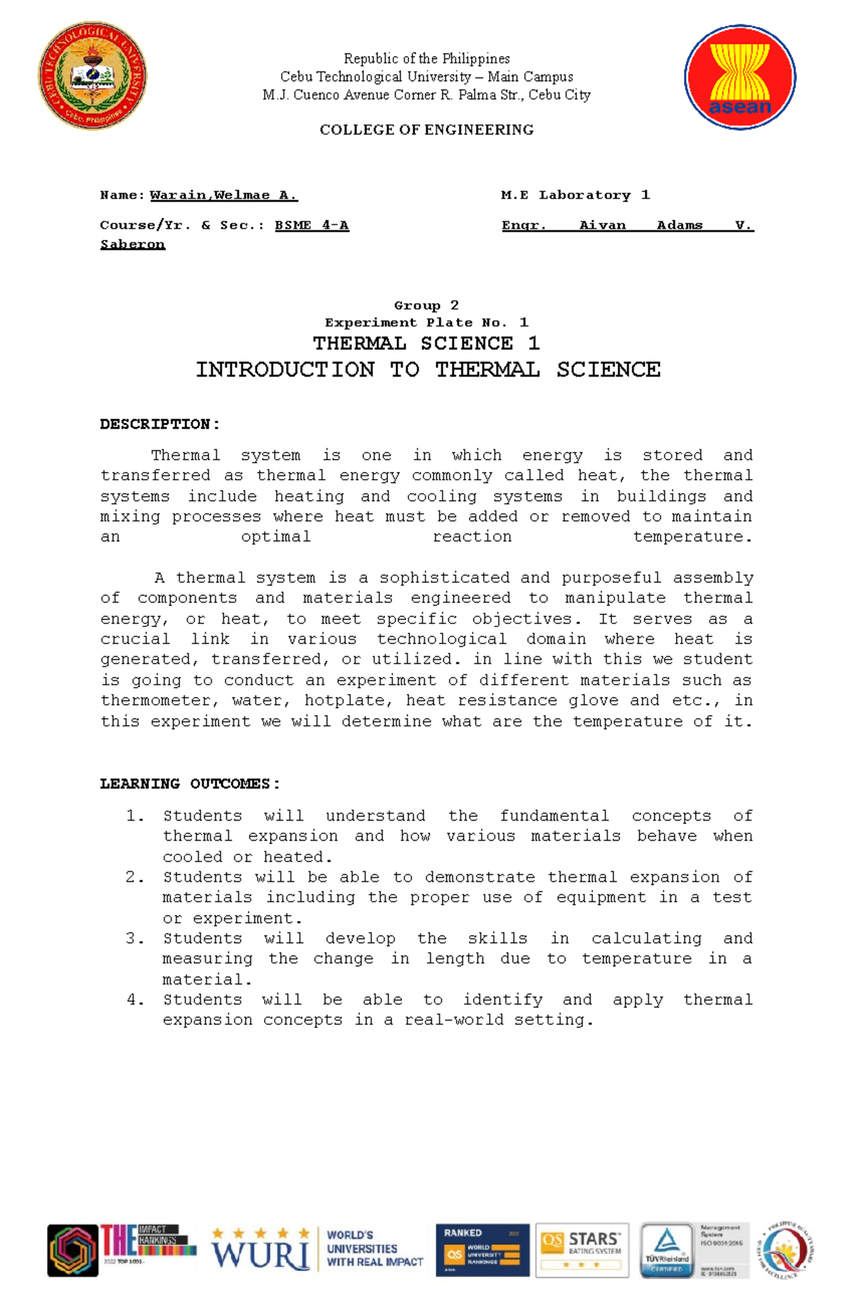 Experiment 1 Thermal Science - Republic of the Philippines Cebu ...