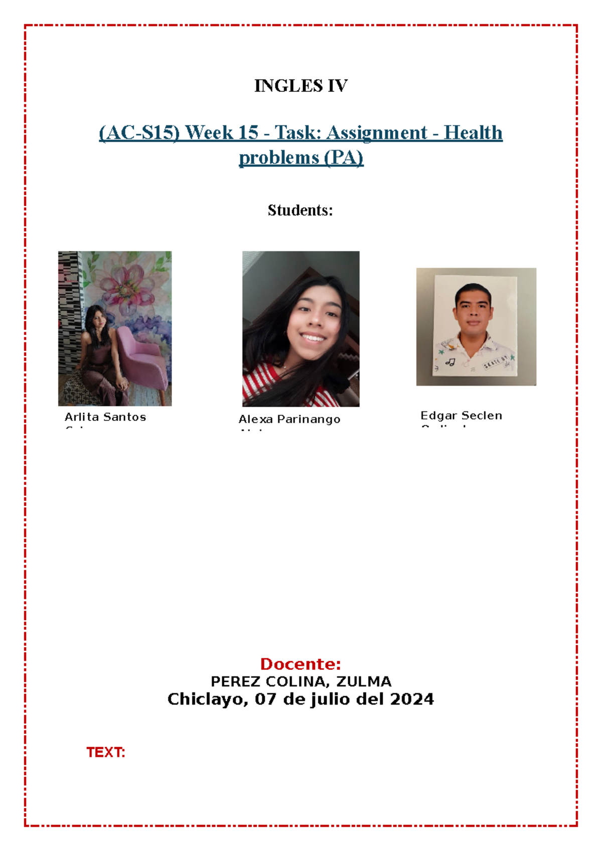 (AC-S15) Week 15 - Task: Assignment - Health problems (PA) INGLÉS IV ...