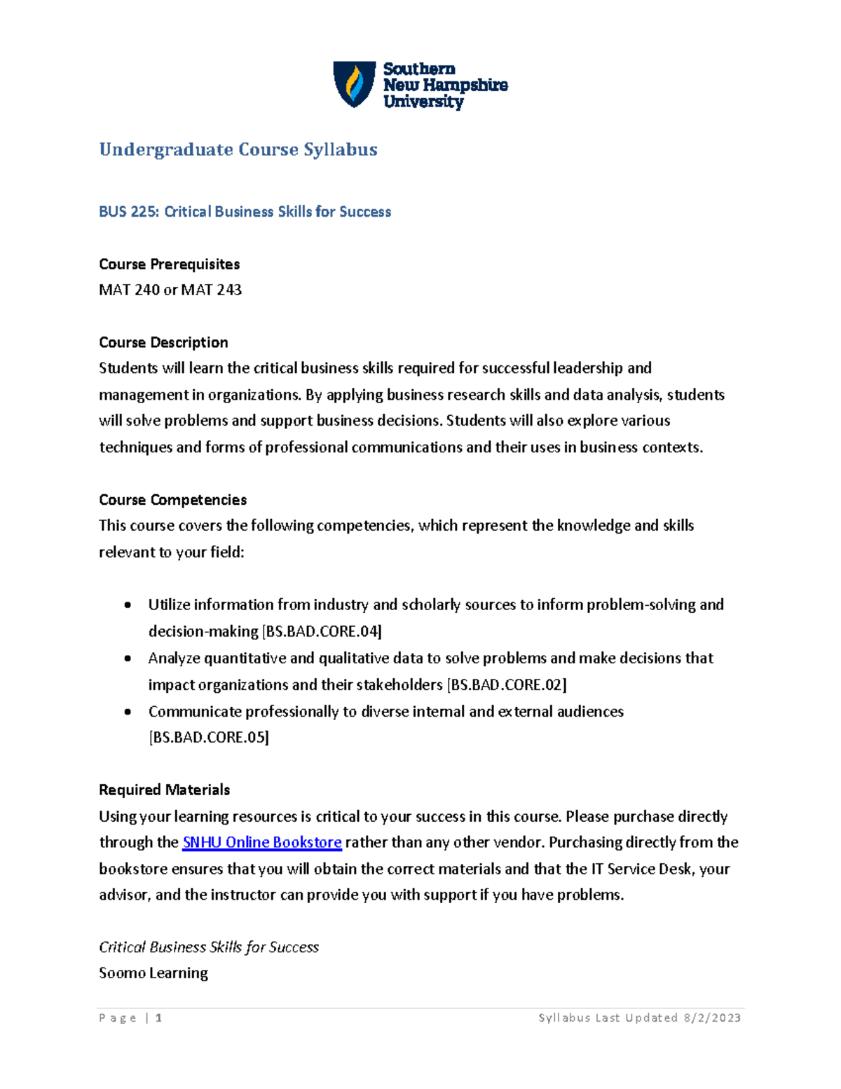 BUS 225 Syllabus - Undergraduate Course Syllabus BUS 225: Critical ...